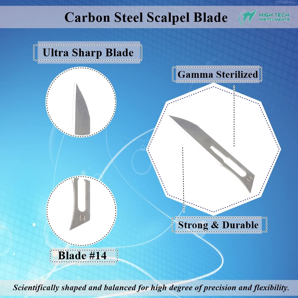 Surgical Sterile Blades #14 Box of 100 Made of High Carbon Steel & Stainless Steel Scalpel Handle Knife #3 Graduated for Lab Anatomy, Cutting, Med Student, Carving, Repairing With Blade Remover