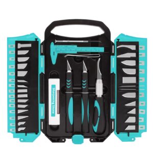 manufore 34pcs large exacto knife set blue deluxe craft precision knife set include 3pcs craft knives with anti-slip rubber grip, 25pcs different blades, 2pcs needles, sharpening stone, screwdriver