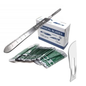 100 pcs box surgical sterile blades #22 made of high carbon steel with stainless steel scalpel handle knife #4 graduated use for biology lab anatomy, cutting, med student, sculpting, repairing