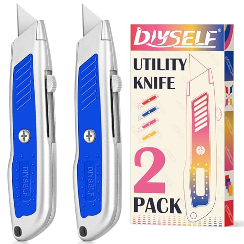 DIYSELF 2 Pack Box Cutter- Sharp Utility Knife- Box Cutters Heavy Duty for Carpet, Cardboard, Paper- Razor Knife- Box Opener- Cardboard Cutter- Exacto Knife- Retractable Knife (Blue)