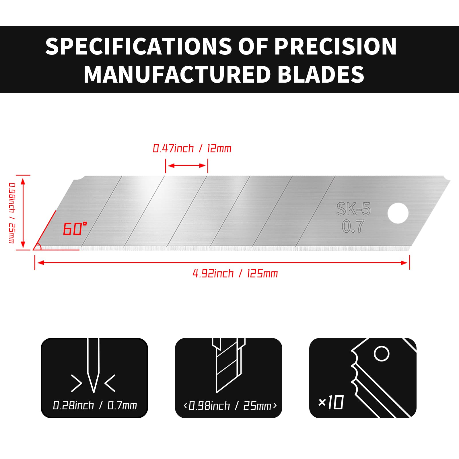 Decare 25mm SK5 Snap Off Blades, 60 Blades (420 segments) Multi Snap-Off Replacement Blades with Dispenser Fits Most 25mm Utility Knives Box Cutter