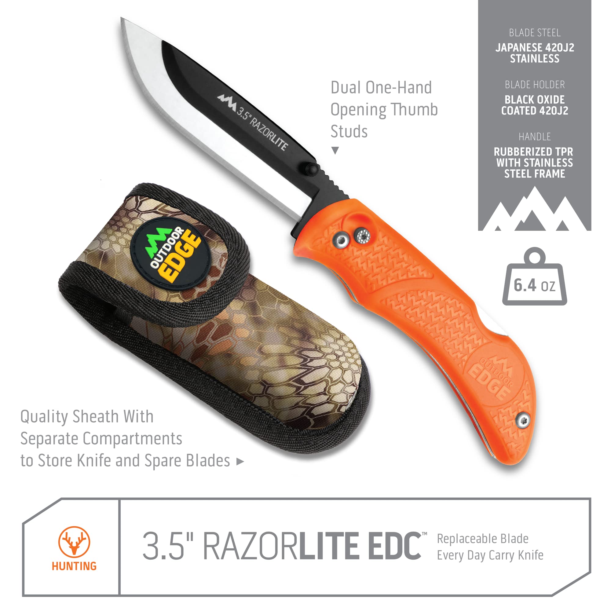 OUTDOOR EDGE Knives' RazorPro L Hunting Knife with Razor-Sharp Replaceable Blade features Non-Slip TRP Orange Handle, Belt Holster, & 30 Blades. Must-Have Field Dressing Knife for Your Hunting Gear