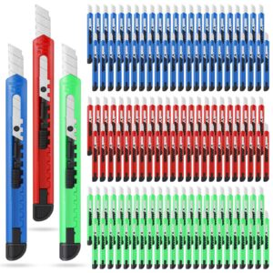 lasnten 200 pcs box cutter utility knife small retractable knife 9mm wide snap off blade knife plastic compact box opener with sliding lock tools for home office arts crafts, 3 colors