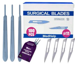 medhelp pack of 100 disposable surgical blades 11 and pack of 3 scalpel handle #3 - size 11 scalpel blades for surgical knife scalpel, high stainless steel dermablade surgical blades