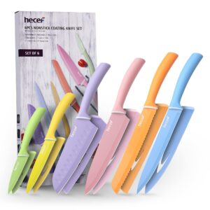 hecef colorful knife set, 6 pieces kitchen knife set with covers, stainless steel colour coded non-stick cooking knife set including paring, utility, bread, carving, santoku & chef knife