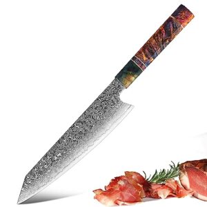 xizor japanese kiritsuke chef knife - damascus steel kitchen knives 8-inch gyuto knife - super-sharp blade edge - unique octagonal colorful wood handle - with sheath