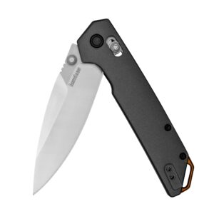 kershaw iridium folding pocket knife, 3.4 inch d2 steel blade, duralock locking mechanism, grey aluminum handle, pocketclip