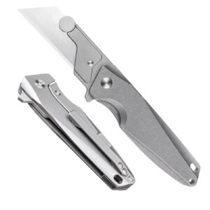 ainhue a373 pocket folding flipper utility knife, 10pcs replaceable blades, 3.73 inches stonewashed titanium handles pocket clip, compact high-end art craft wallpaper cutter electrician knives