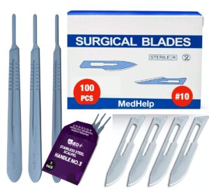 medhelp pack of 100 disposable surgical blades 10 and pack of 3 scalpel handle no 3 - size 10 scalpel blades for surgical knife scalpel, high carbon steel dermablade surgical blades