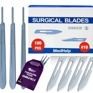 MEDHELP Pack of 100 Disposable Surgical Blades 10 and Pack of 3 Scalpel Handle No 3 - Size 10 Scalpel Blades for Surgical Knife Scalpel, High Carbon Steel Dermablade Surgical Blades