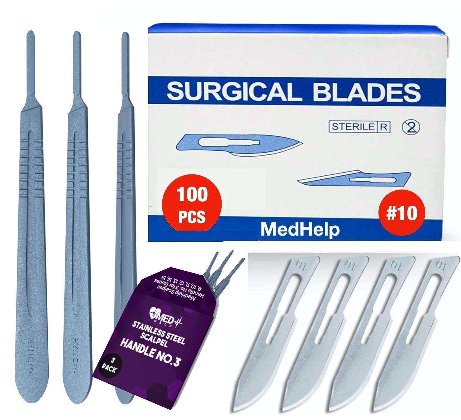 MEDHELP Pack of 100 Disposable Surgical Blades 10 and Pack of 3 Scalpel Handle No 3 - Size 10 Scalpel Blades for Surgical Knife Scalpel, High Carbon Steel Dermablade Surgical Blades