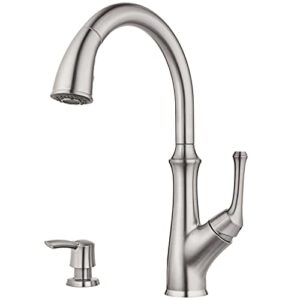 pfister tamera kitchen faucet with pull down sprayer and soap dispenser, single handle, high arc, stainless steel finish, f5297tas