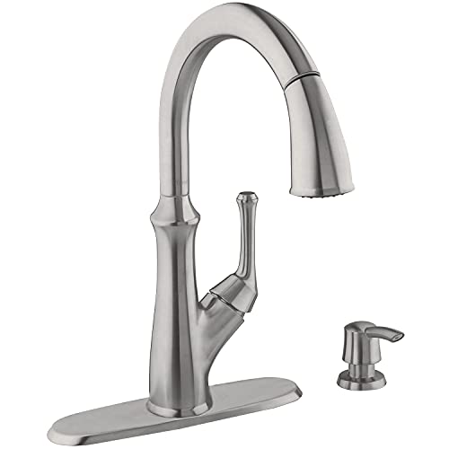 Pfister Tamera Kitchen Faucet with Pull Down Sprayer and Soap Dispenser, Single Handle, High Arc, Stainless Steel Finish, F5297TAS