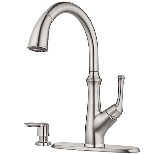 Pfister Tamera Kitchen Faucet with Pull Down Sprayer and Soap Dispenser, Single Handle, High Arc, Stainless Steel Finish, F5297TAS