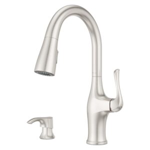 pfister wray kitchen faucet with pull down sprayer and soap dispenser, single handle, high arc, spot defense stainless steel finish, f5297wrygs