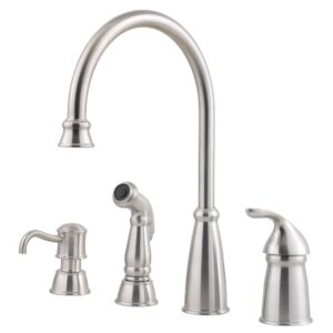 pfister avalon kitchen sink faucet with side sprayer and soap dispenser, single handle, high arc, stainless steel finish, gt264cbs