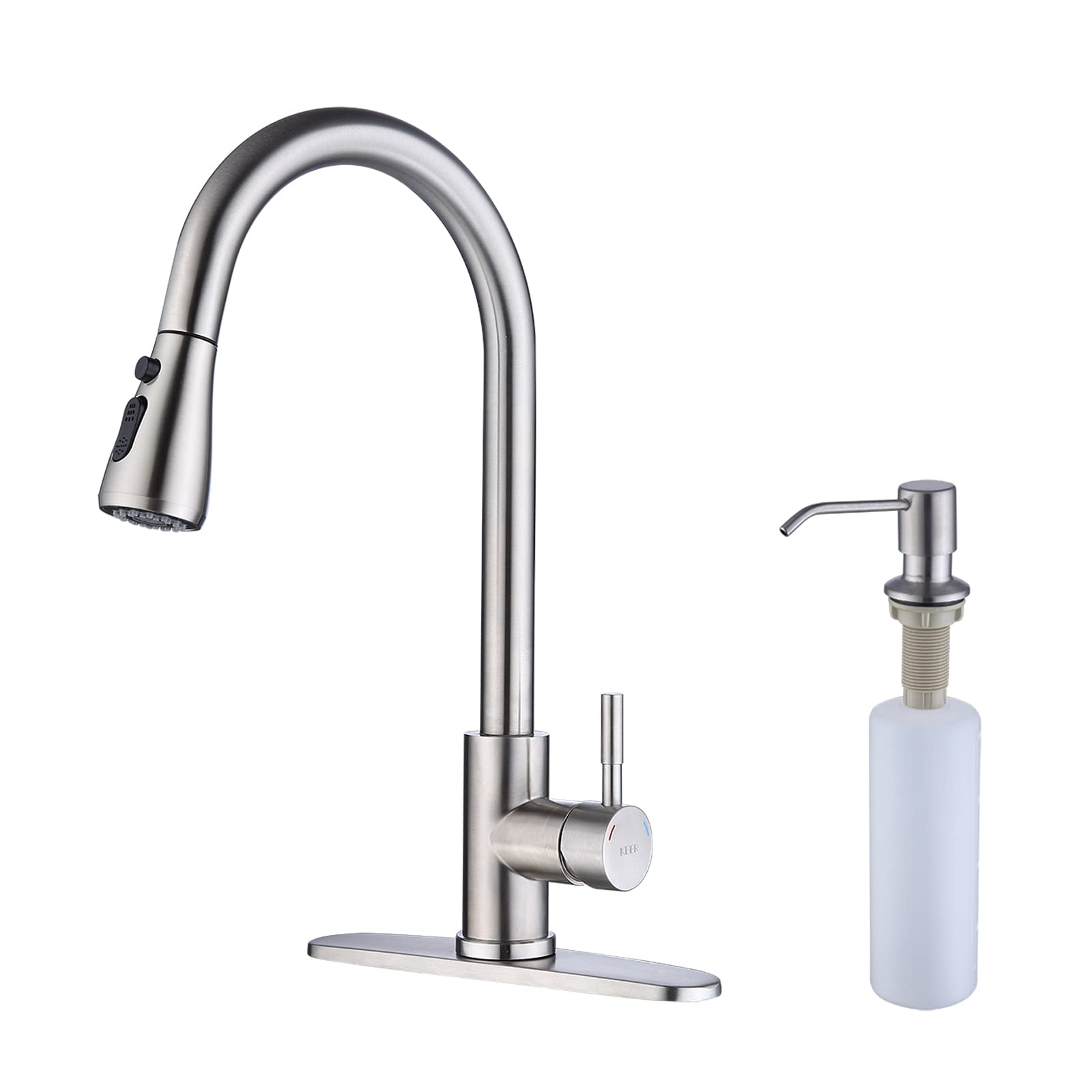 Kitchen Faucet with Pull Down Sprayer, Brush Nickel Pull Out Kitchen Faucet with Kitchen Soap Dispenser, Single Level Stainless Steel Kitchen Faucet, Single Handle High Arc Kitchen Faucet