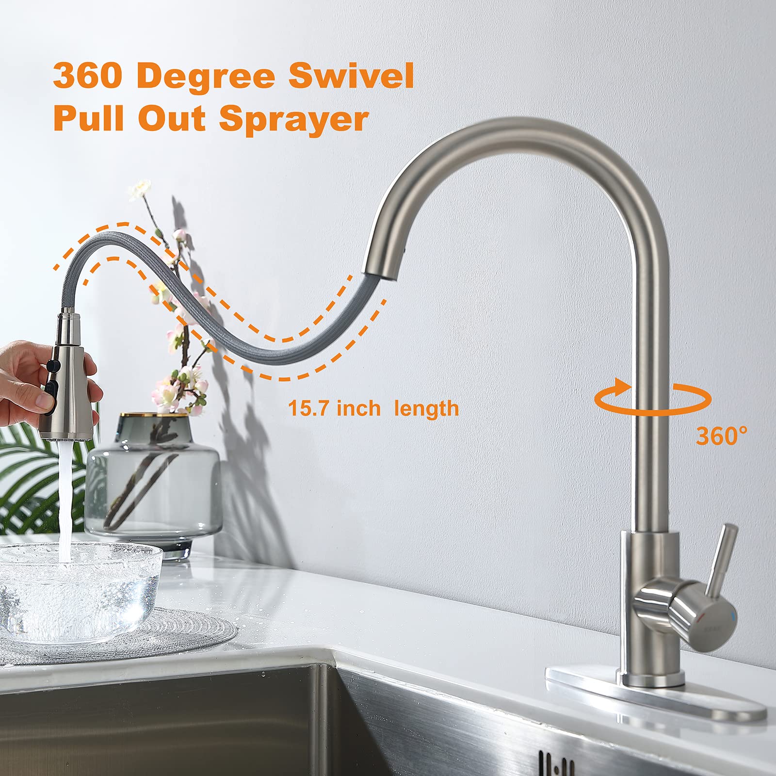 Kitchen Faucet with Pull Down Sprayer, Brush Nickel Pull Out Kitchen Faucet with Kitchen Soap Dispenser, Single Level Stainless Steel Kitchen Faucet, Single Handle High Arc Kitchen Faucet