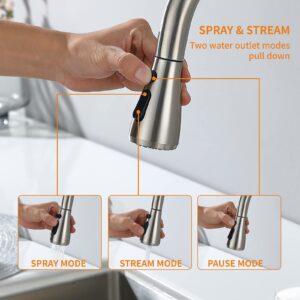 Kitchen Faucet with Pull Down Sprayer, Brush Nickel Pull Out Kitchen Faucet with Kitchen Soap Dispenser, Single Level Stainless Steel Kitchen Faucet, Single Handle High Arc Kitchen Faucet