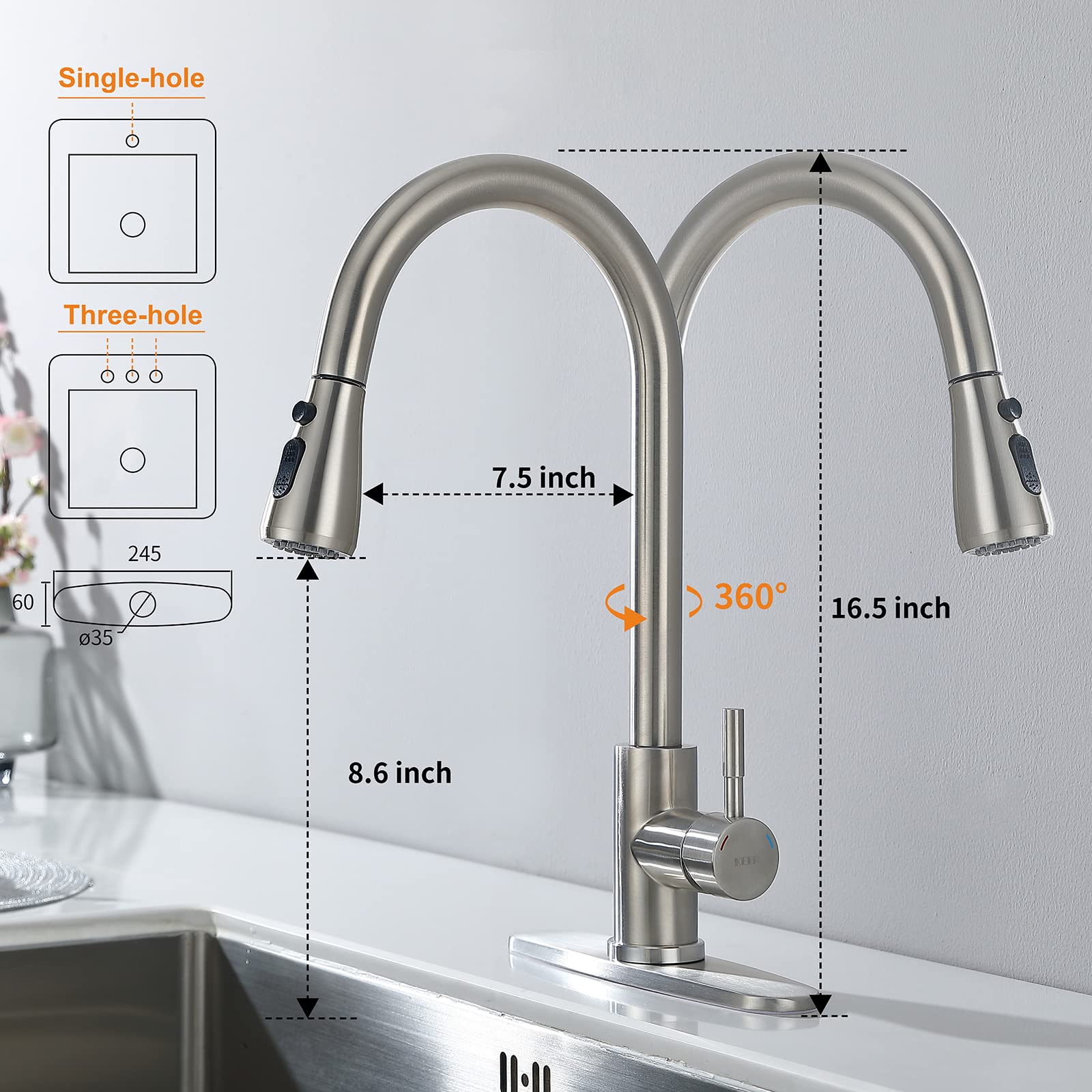 Kitchen Faucet with Pull Down Sprayer, Brush Nickel Pull Out Kitchen Faucet with Kitchen Soap Dispenser, Single Level Stainless Steel Kitchen Faucet, Single Handle High Arc Kitchen Faucet