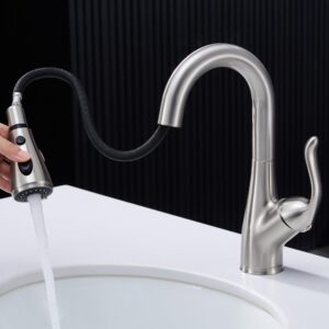 soosweet single hole bathroom faucet with 3 function pull-out sprayer, brushed nickel