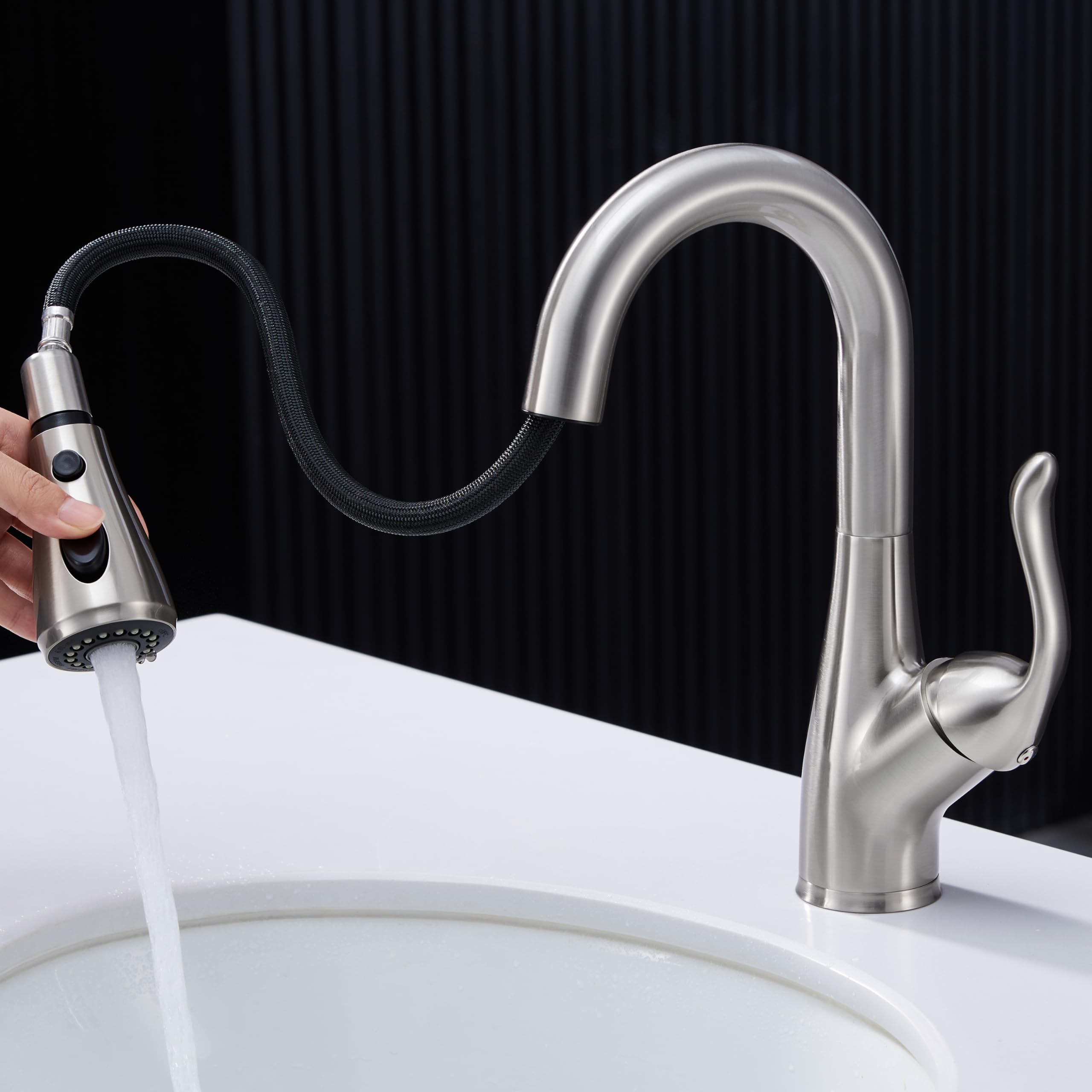 SOOSWEET Single Hole Bathroom Faucet with 3 Function Pull-out Sprayer, Brushed Nickel