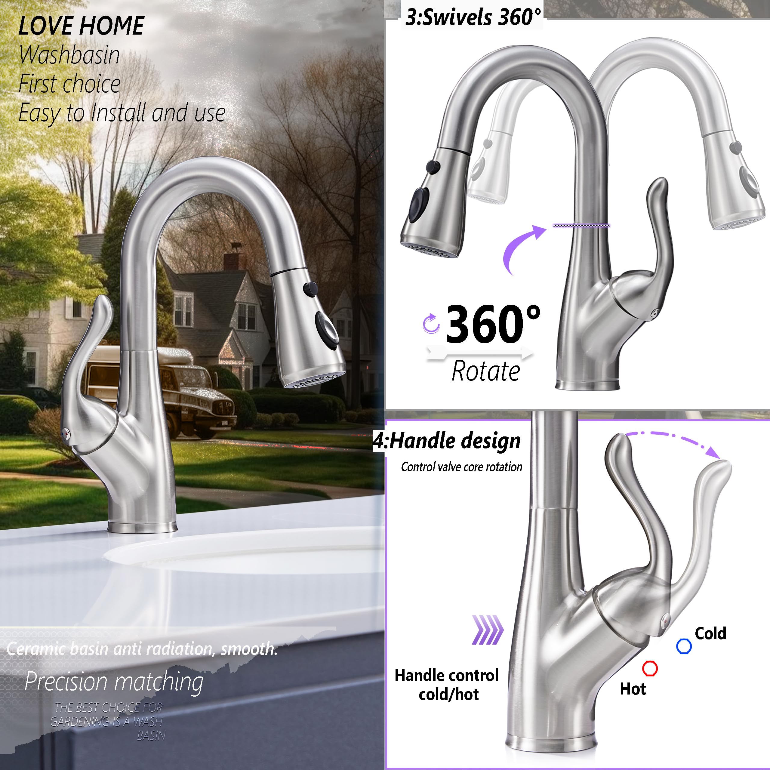 SOOSWEET Single Hole Bathroom Faucet with 3 Function Pull-out Sprayer, Brushed Nickel