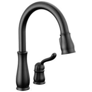 delta faucet leland pull down kitchen faucet, black kitchen faucets with pull down sprayer, kitchen sink faucet, magnetic docking spray head, 1.8 gpm water flow, matte black 978-bl-dst