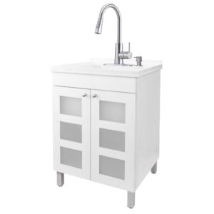 utility sink with white vanity cabinet by js jackson supplies, stainless high-arc pull-down sprayer faucet, soap dispenser and spacious vanity for laundry room