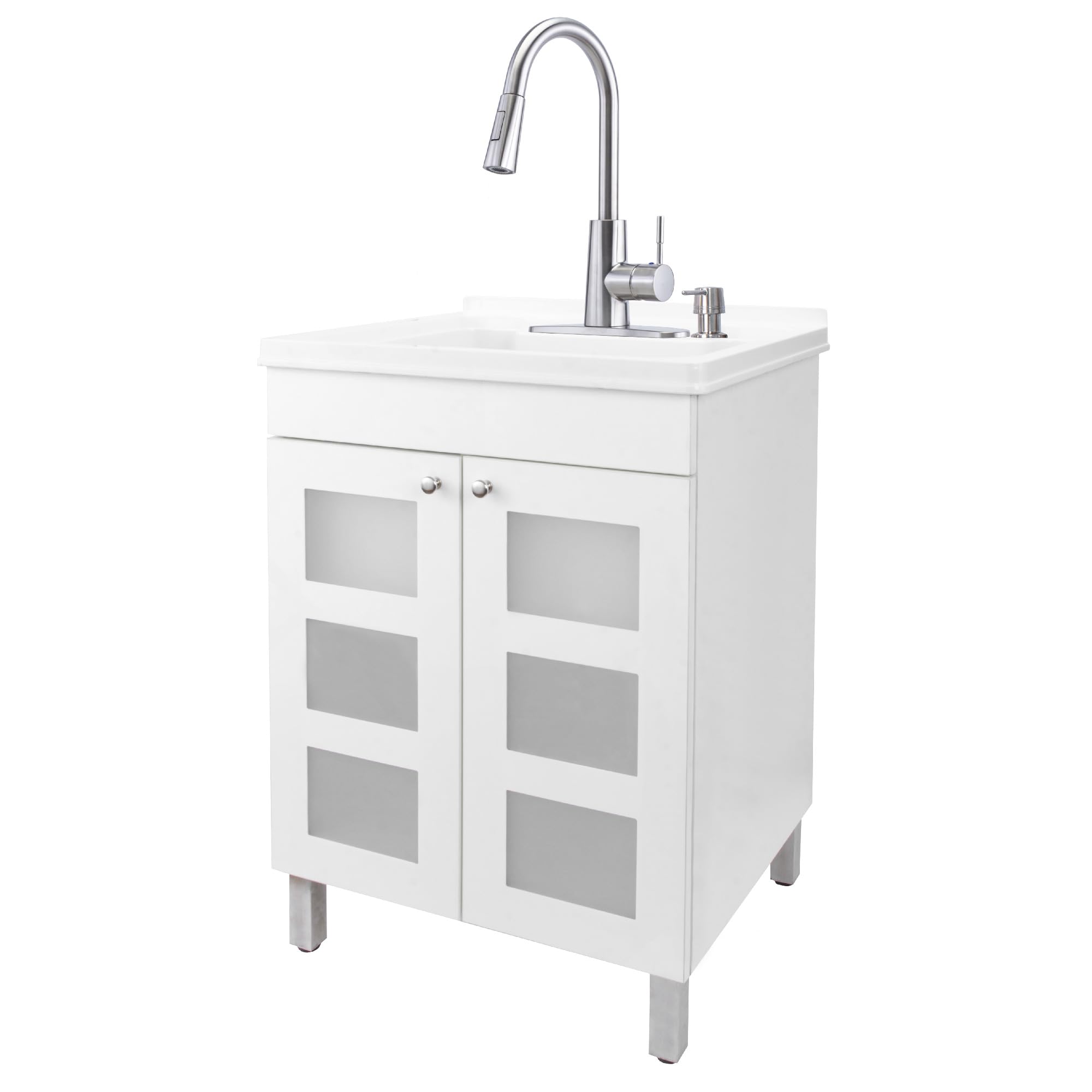 Utility Sink with White Vanity Cabinet by JS Jackson Supplies, Stainless High-Arc Pull-Down Sprayer Faucet, Soap Dispenser and Spacious Vanity for Laundry Room