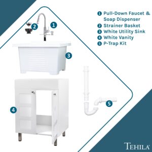 Utility Sink with White Vanity Cabinet by JS Jackson Supplies, Stainless High-Arc Pull-Down Sprayer Faucet, Soap Dispenser and Spacious Vanity for Laundry Room