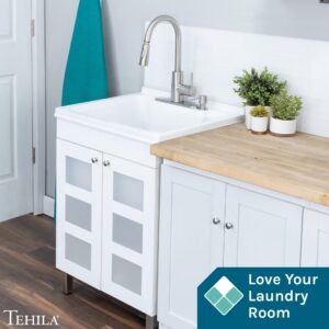 Utility Sink with White Vanity Cabinet by JS Jackson Supplies, Stainless High-Arc Pull-Down Sprayer Faucet, Soap Dispenser and Spacious Vanity for Laundry Room