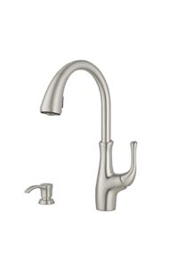 pfister vosa kitchen faucet with pull down sprayer and soap dispenser, single handle, high arc, spot defense stainless steel finish, f5297vvgs