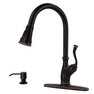 appaso oil rubbed bronze kitchen faucet with soap dispenser, stainless steel kitchen faucet with pull down sprayer 3-function high arc single handle bronze kitchen sink faucet