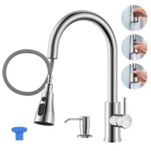 dayone kitchen fuacet with soap dispenser brushed nickel, 3 modes stainless steel for 1/2 holes kitchen sink, 360° single handle high arc sink faucet with pull down sprayer, day-cr0014