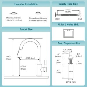 DAYONE Kitchen Fuacet with Soap Dispenser Brushed Nickel, 3 Modes Stainless Steel for 1/2 Holes Kitchen Sink, 360° Single Handle High Arc Sink Faucet with Pull Down Sprayer, DAY-CR0014