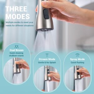 DAYONE Kitchen Fuacet with Soap Dispenser Brushed Nickel, 3 Modes Stainless Steel for 1/2 Holes Kitchen Sink, 360° Single Handle High Arc Sink Faucet with Pull Down Sprayer, DAY-CR0014