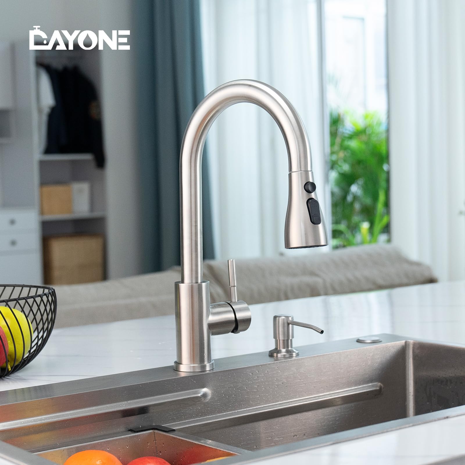 DAYONE Kitchen Fuacet with Soap Dispenser Brushed Nickel, 3 Modes Stainless Steel for 1/2 Holes Kitchen Sink, 360° Single Handle High Arc Sink Faucet with Pull Down Sprayer, DAY-CR0014