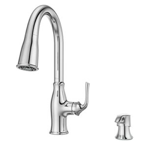 pfister rosslyn kitchen faucet with pull down sprayer and soap dispenser, single handle, high arc, polished chrome finish, f5297rssrc