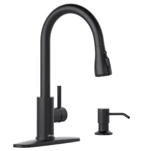 appaso black kitchen faucet with soap dispenser, modern rv kitchen sink faucet with pull down sprayer 3 modes, solid stainless steel faucet kitchen matte black for bar sink, high arc & single handle