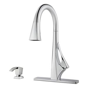 pfister venturi kitchen faucet with pull down sprayer and soap dispenser, single handle, high arc, polished chrome finish, f5297vnc