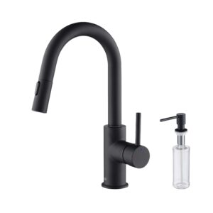 kibi luxe single handle pull down faucet for kitchen sink | solid brass high arc faucet spout | kitchen faucet with pull down sprayer (matte black) (kkf2011) (soap dispenser included)