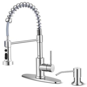 homikit kitchen faucet brushed nickel with pull down sprayer & soap dispenser, stainless steel spring faucets with deck plate 1 or 3 hole, high arc commercial sink faucet for farmhouse laundry rv bar