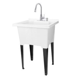 white utility sink by js jackson supplies, tehila luxe laundry tub, stainless steel finish hi-arc pull-down faucet, soap dispenser