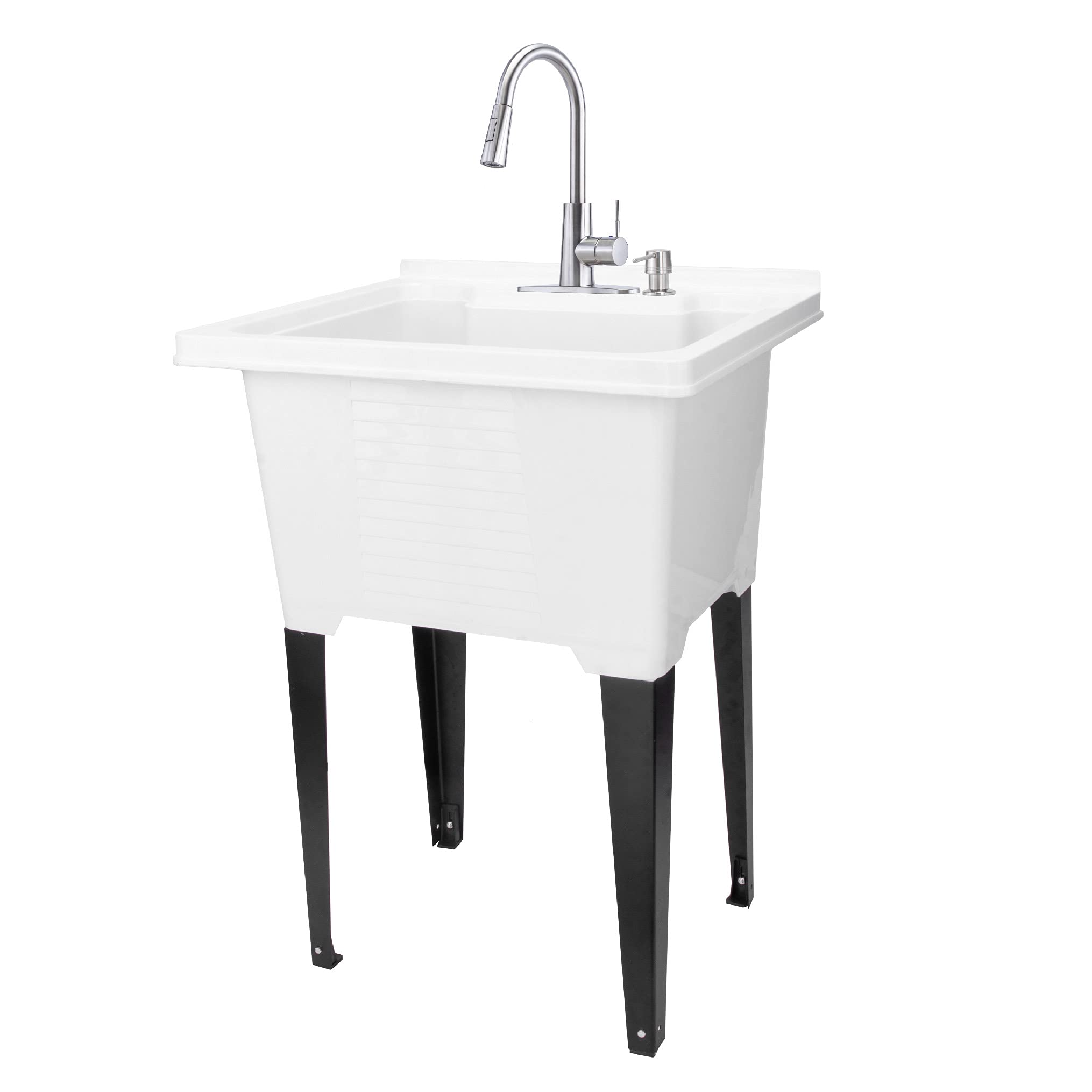 White Utility Sink by JS Jackson Supplies, Tehila Luxe Laundry Tub, Stainless Steel Finish Hi-Arc Pull-Down Faucet, Soap Dispenser