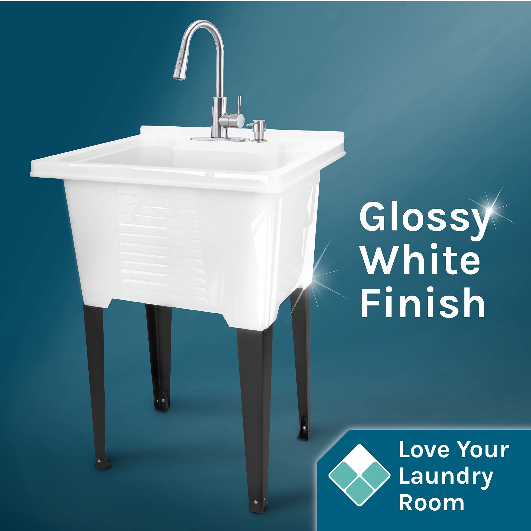 White Utility Sink by JS Jackson Supplies, Tehila Luxe Laundry Tub, Stainless Steel Finish Hi-Arc Pull-Down Faucet, Soap Dispenser