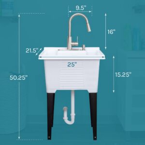 White Utility Sink by JS Jackson Supplies, Tehila Luxe Laundry Tub, Stainless Steel Finish Hi-Arc Pull-Down Faucet, Soap Dispenser