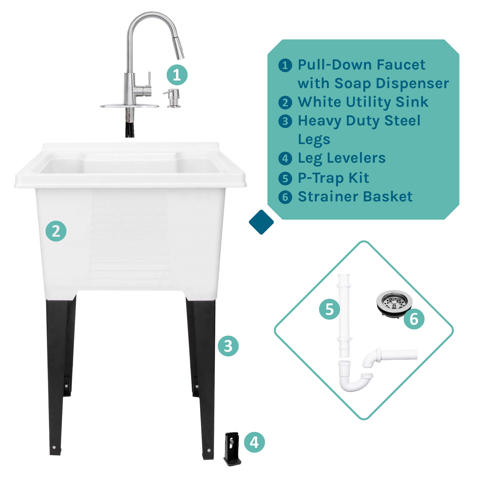 White Utility Sink by JS Jackson Supplies, Tehila Luxe Laundry Tub, Stainless Steel Finish Hi-Arc Pull-Down Faucet, Soap Dispenser