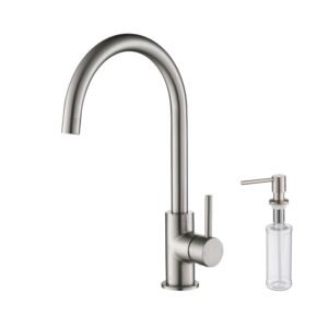 kibi lowa single handle bar sink faucet with 360 degree swivel spout | single hole high arc faucet for kitchen sink (brushed nickel) (kkf2001) (soap dispenser included)