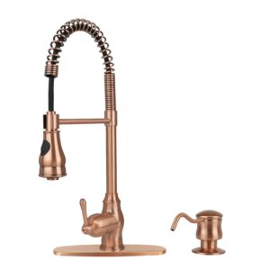 copper kitchen faucet with soap dispenser, single handle solid brass high arc pull down sprayer head kitchen sink faucets with deck plate oh518